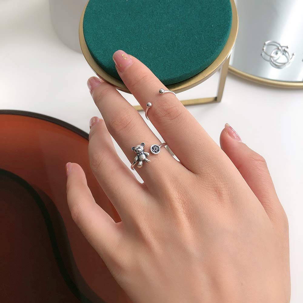 Lovely Bear Sterling Silver 925 Open Stacking Rings for Women Vintage Antique Black CZ Crystal Eternity Engagement Statement Ring Finger Band Cute Jewelry Adjustable