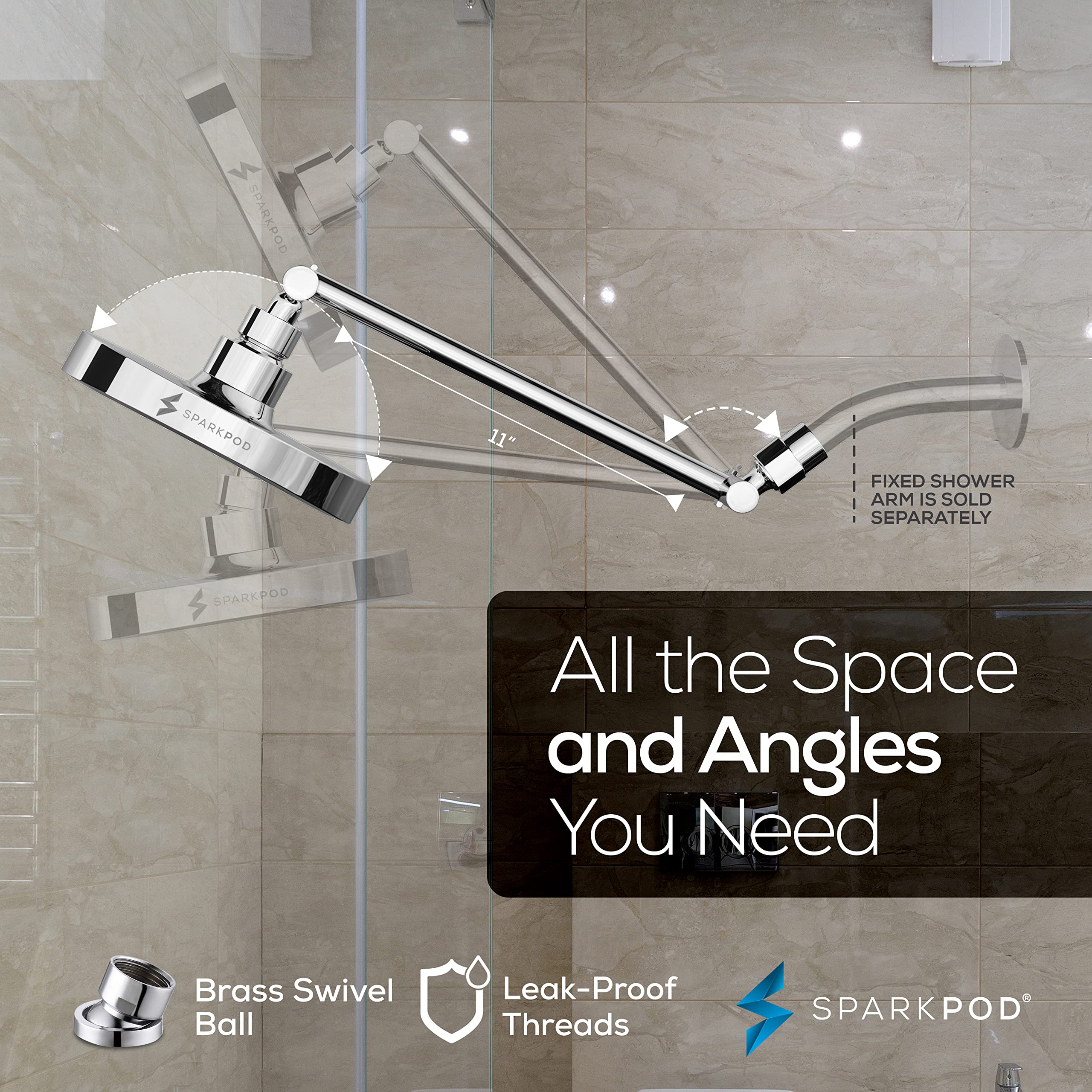 SparkPod Round Rain Shower Head with Shower Head Extension Arm - High Pressure Rain - Luxury Modern Look - No Hassle Tool-less 1-Min Installation (11" Shower Arm Extension, Luxury Polished Chrome)
