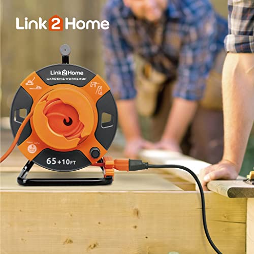 Link2Home Retractable Extension Cord Reel 75 Ft. With 4 Outlets & Heavy Duty/High Visibility 14AWG 3-Prong High SJTW Cord