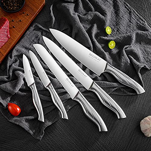 Premium Chef Knife Sets,14-Piece Kitchen Knives with Acrylic Stand, Full Tang Designed, High Carbon Stainless Steel Cutlery With Knife Sharpener & 6 Steak Knives, Ergonomic Handle & Gifted Box(Silver)