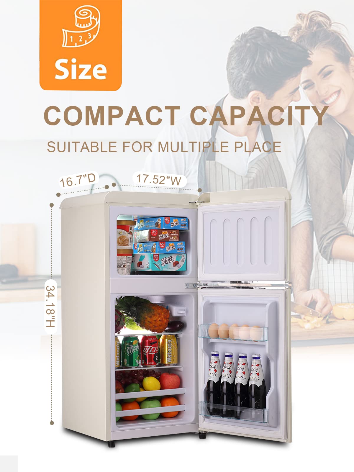 KRIB BLING Retro Fridge With Freezer,3.5 Cu. Ft Refrigerator With 2 Doors,7- Level Adjustable Thermostat, Removable Glass Shelves For Bedroom, Office, Kitchen, Apartment, Dorm, Cream