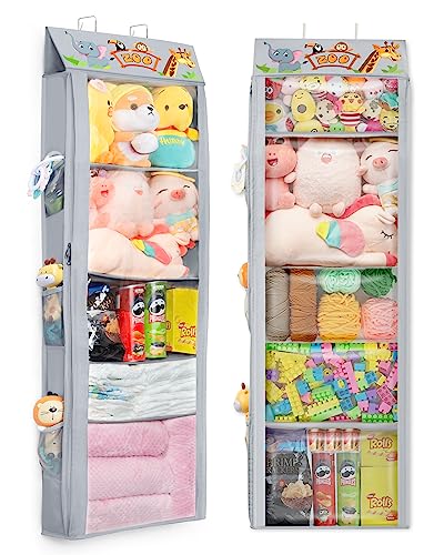 Over the Door Stuffed Animal Storage, Yarn Organizer with Zipper, 4 Adjustable Partitions Hanging Storage Dustproof Design for Nursery, Bedroom, Bathroom, Kids Room (One Only)
