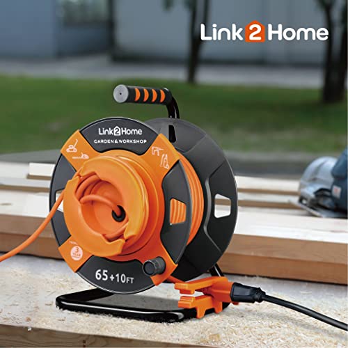 Link2Home Retractable Extension Cord Reel 75 Ft. With 4 Outlets & Heavy Duty/High Visibility 14AWG 3-Prong High SJTW Cord