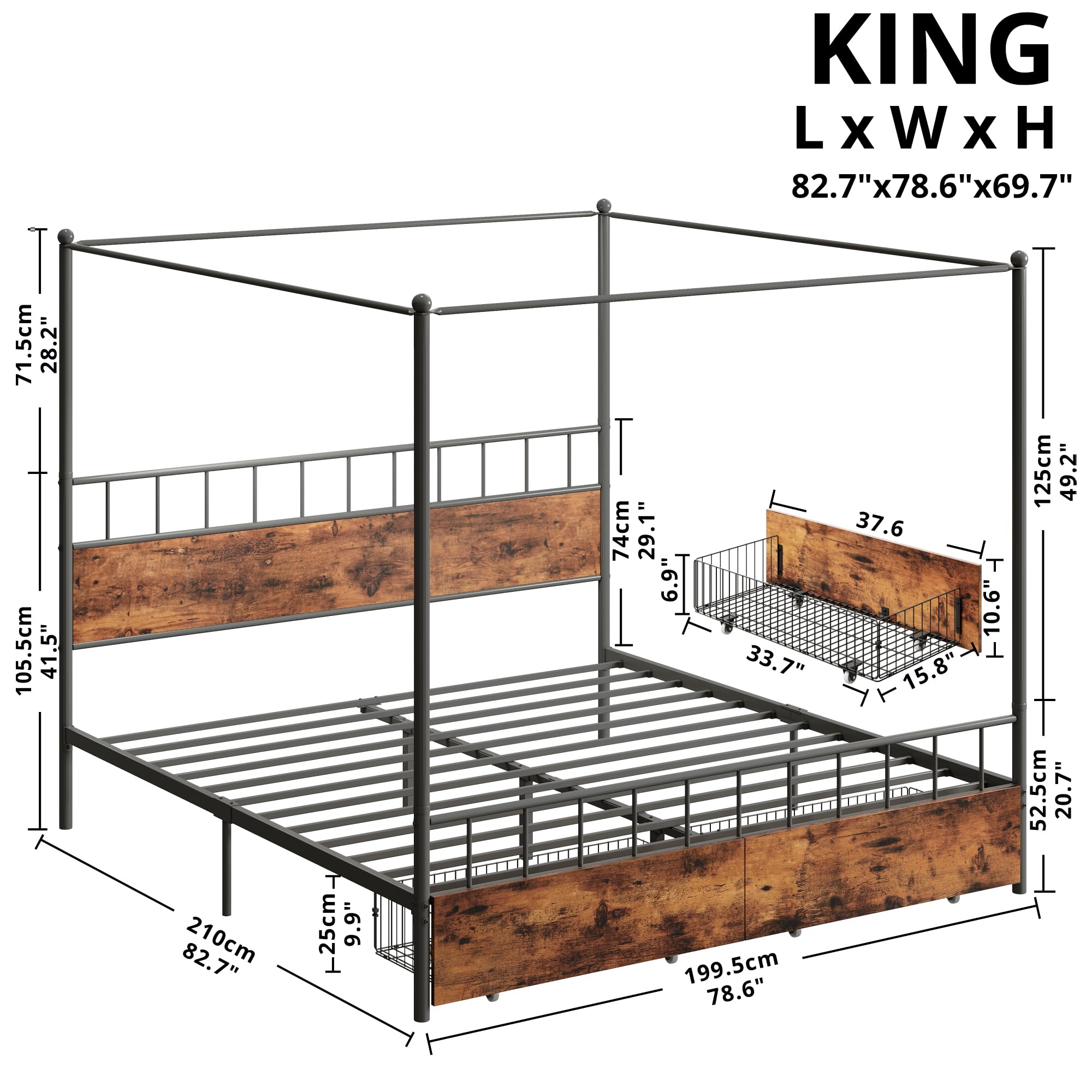 LIKIMIO Canopy Bed Frame King with Wooden Headboard and Drawer, King Size Bed Frame with 4 Removable Sturdy Posts, Noise Free, No Box Spring Needed, Vintage Brown