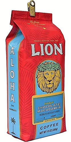 Lion Coffee CHOCOLATE MACADAMIA, Ground, Light Roast, 10 Oz. Bag with Exclusive Lion Coffee Factory Direct Brand Registered Sticker, INDULGENT