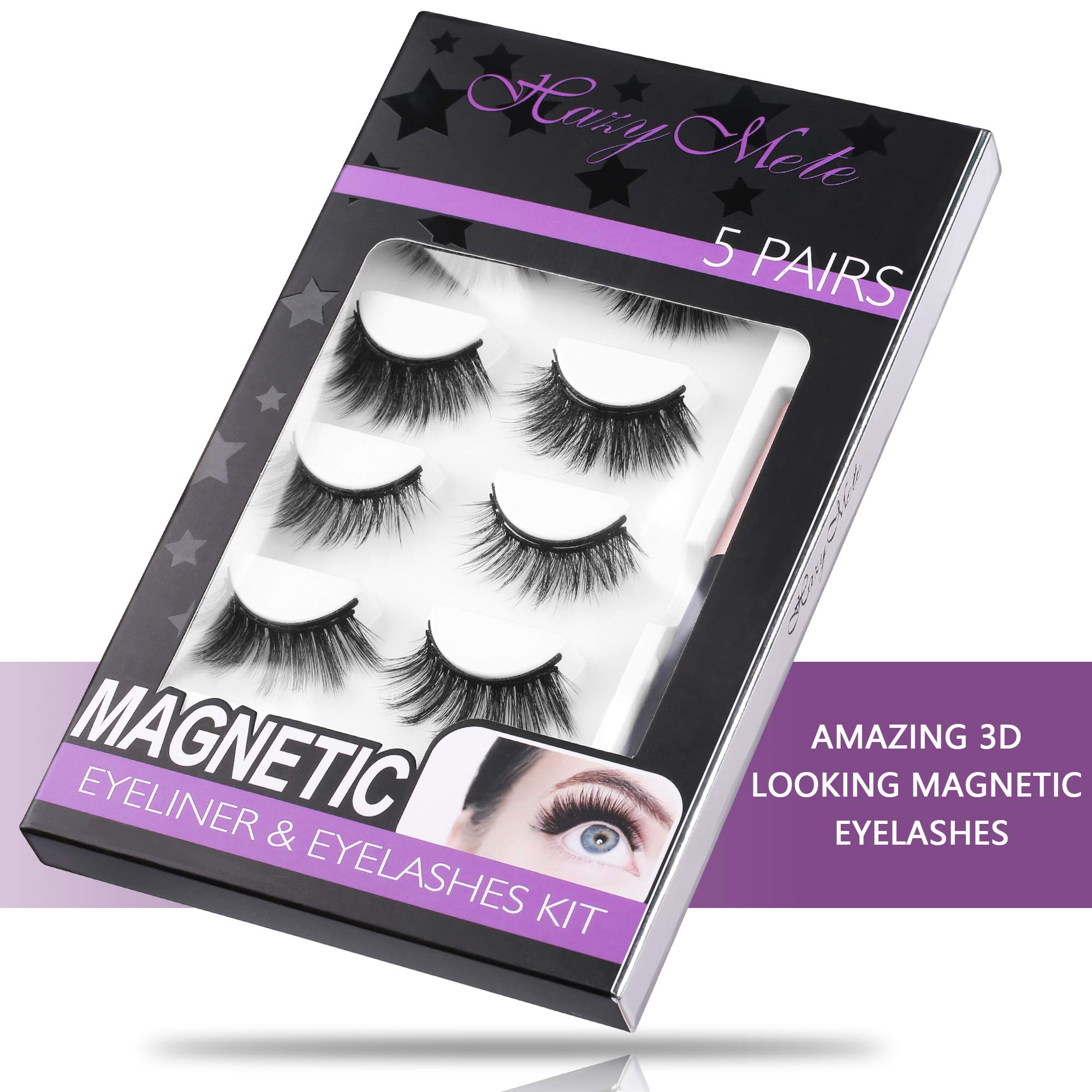 Magnetic Eyelashes and Magnetic Eyeliner kit, HazyMete 5 Pairs 3D False Lashes with Tweezers Reusable Magnetic Lashes Set, 5 Different Styles Magnetic Eyelashes, No Glue Needed