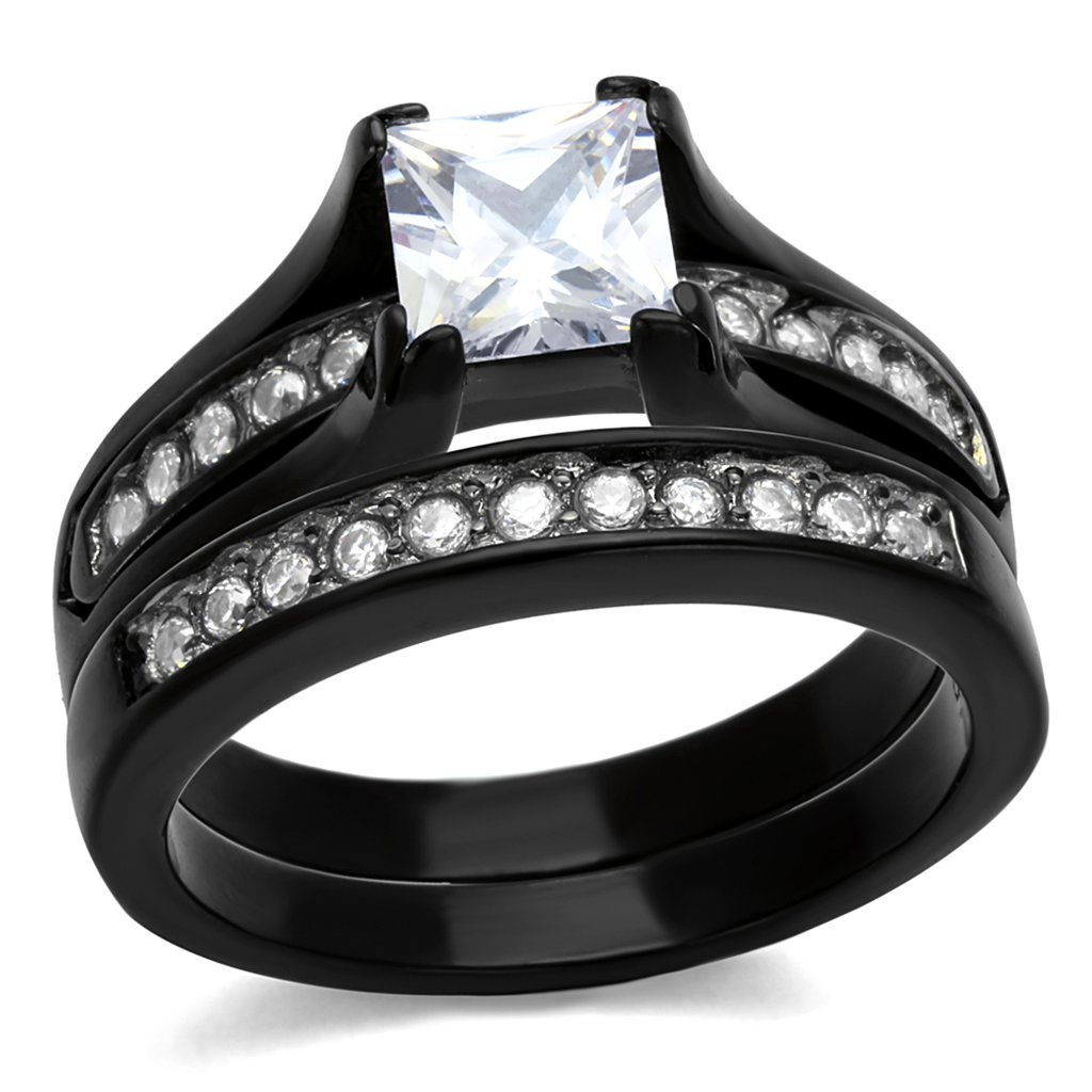 Marimor Jewelry Black Ion Plated Stainless Steel His and Hers 3 Piece Wedding Engagement Ring Band Set Women's Size 08 Men's 08mm Size 11