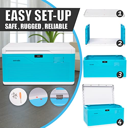 SereneLifeHome Locking Storage Container Bin, 37 Gallon Capacity Lockable Box, Combination Lock, Side Carry Handle Grips, 29.0” x 11.5" x 18.5" L x W x H, White, Blue (SLSBIN40)
