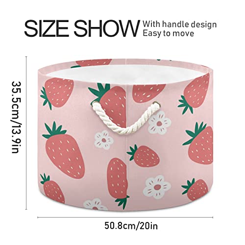 xigua Cute Strawberry (2) Large Round storage basket 20 x14 Inches Collapsible Round Storage Bin, Laundry Basket Organizer for Towels, Blanket, Toys, Clothes