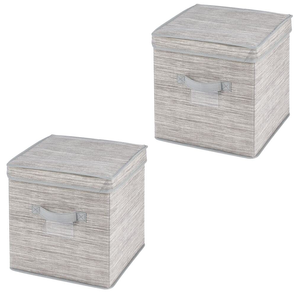 mDesign Square Gift-Wrap and Ornament Storage Box with Handles, Holder Container for Christmas and Holiday Decorations - Removable Lid, Closet and Cubby Storage Totes, 2 Pack - Stripe - Taupe/Tan