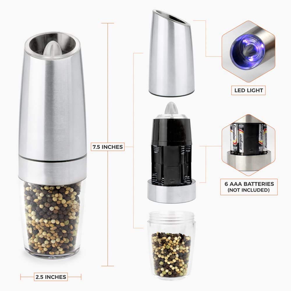 Premium Gravity Electric Salt and Pepper Grinder Set of 2, Automatic One Hand Pepper Mills with LED Light, Automatic Pepper and Salt Mill Grinder Battery-Operated with Adjustable Coarseness