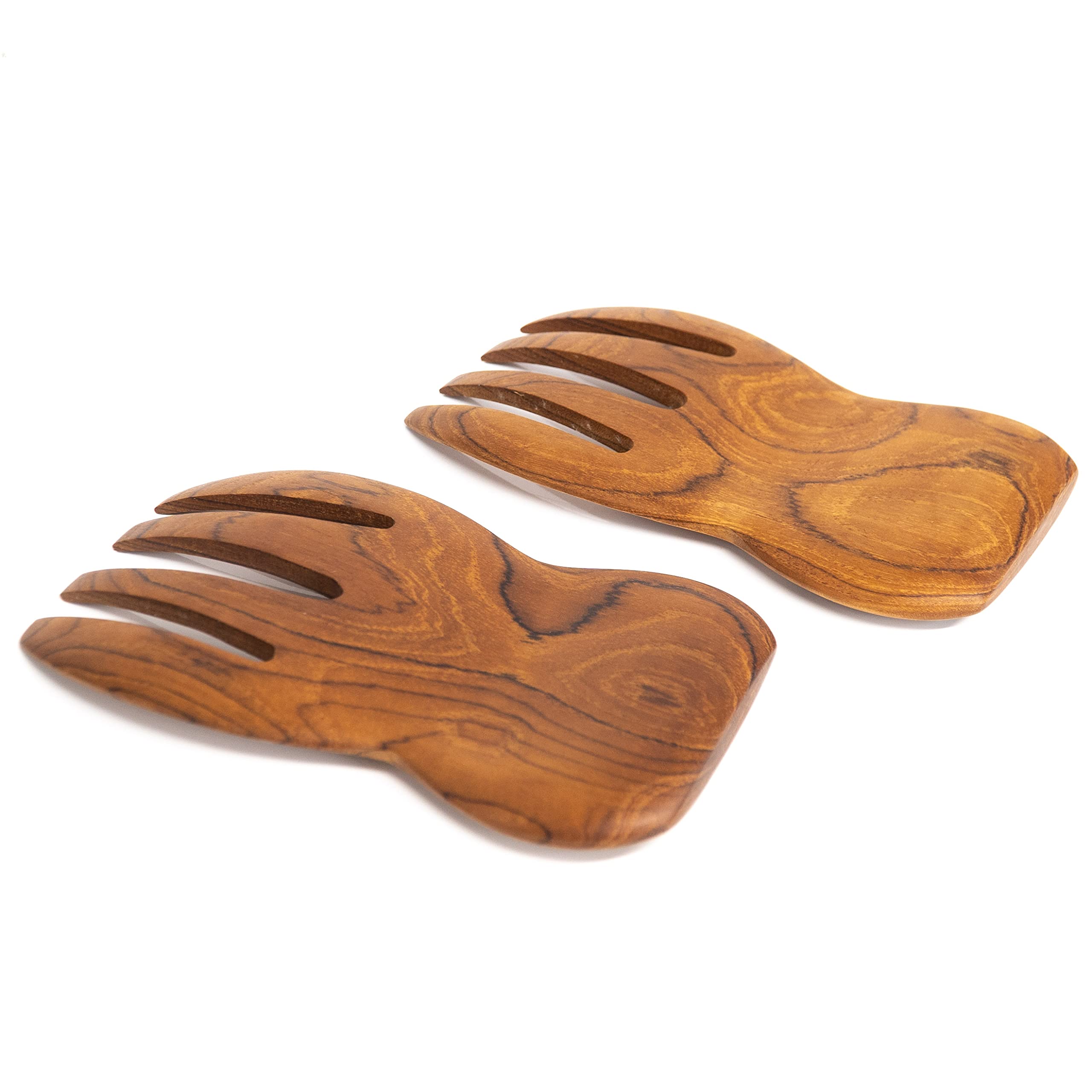 Rainforest Bowls Javanese Teak Wood Salad Serving Hands w/Knob Handles - Perfect for Mixing, Tossing & Serving Salad - Ultra-Durable- Premium Wooden Design Handcrafted by Indonesian Artisans