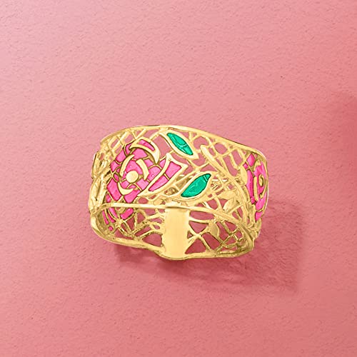 Ross-Simons Italian Pink and Green Enamel Rose Ring in 14kt Yellow Gold. Size 8