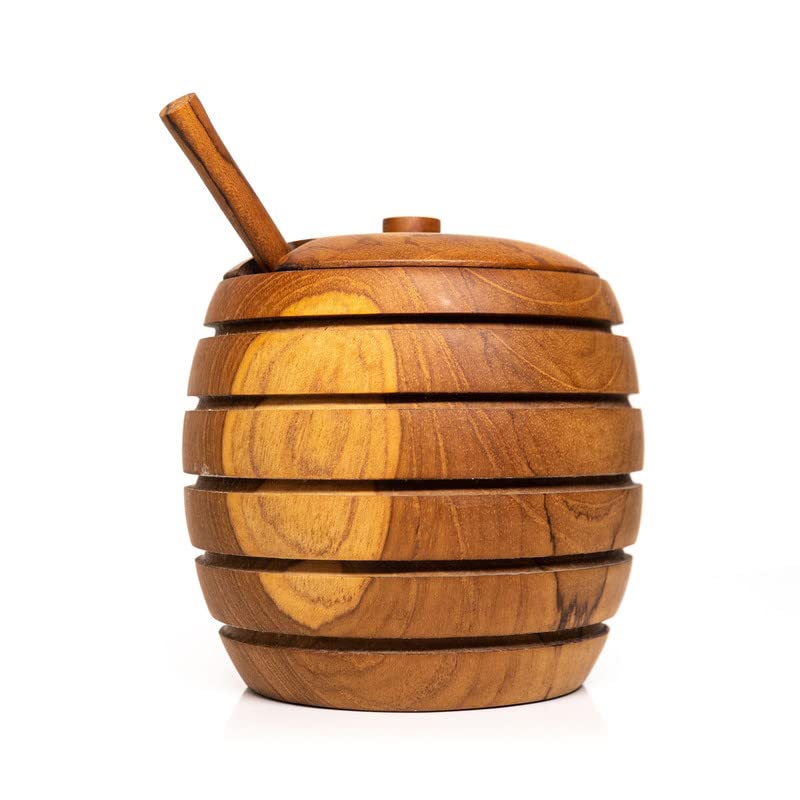 Rainforest Bowls Javanese Teak Wood Honey Jar w/Dipper Set- Ideal for Storing Honey, Jam & Syrups- Ultra-Durable- Premium Wooden Honey Jar Handcrafted by Indonesian Artisans