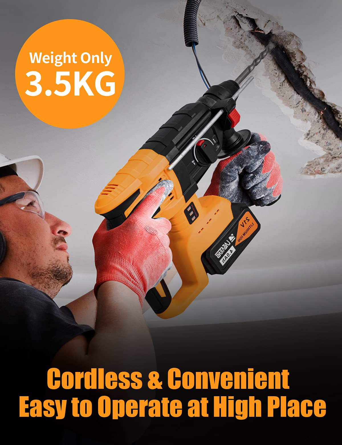 Rotary Hammer Drill ,3-in-1 Mode Brushless Impact Drill with Safety Clutch,with 21V 4.0Ah 2000mA Battery, SDS-Plus 1/2 inch