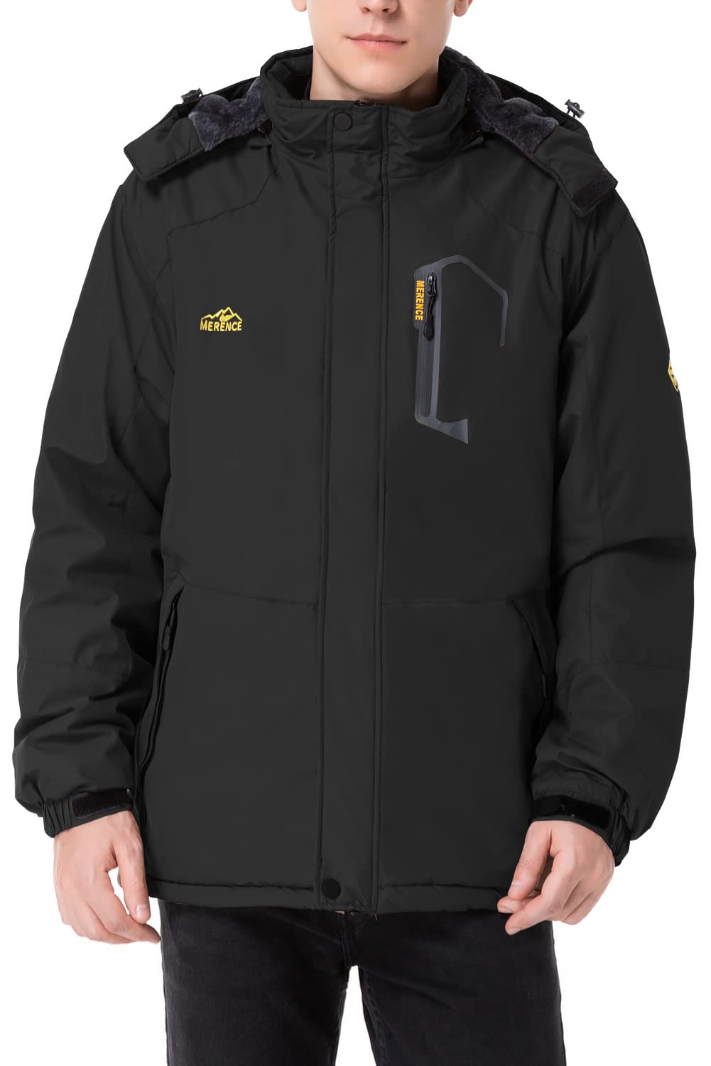 Men's Mountain Waterproof Ski Jacket Windproof Rain Jacket Winter Warm Snow Coat II with Removable Hood U120WCFY028,Black,M
