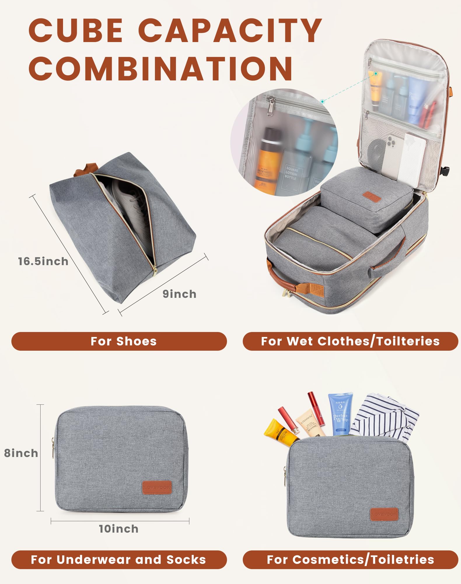 LOVEVOOK Carry on Backpack, 40L Travel 17inch Laptop Backpack as Personal Item Flight Approved, Waterproof Large TSA Luggage Daypack Business Weekender Overnight with 3 Packing Cubes, Grey-B