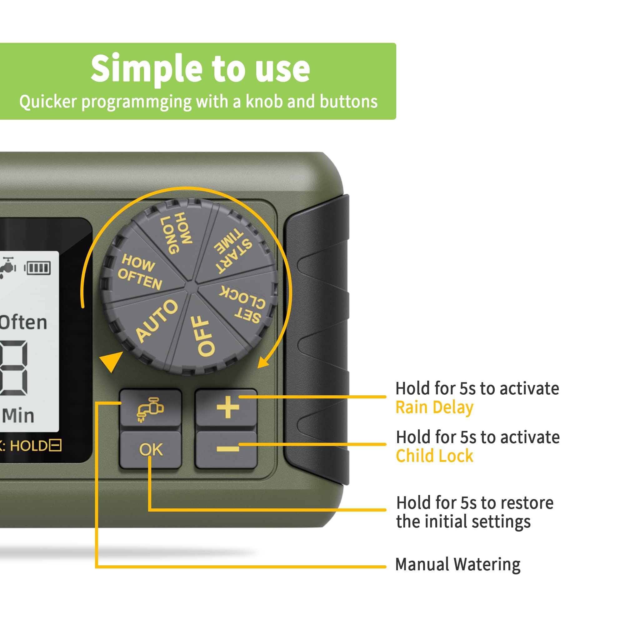 Sprinkler Timer, Diivoo Hose Timer with Timing and Frequency Irrigation, Water Timer for Garden Hose with Rain Delay and Manual Watering for Lawn, Green