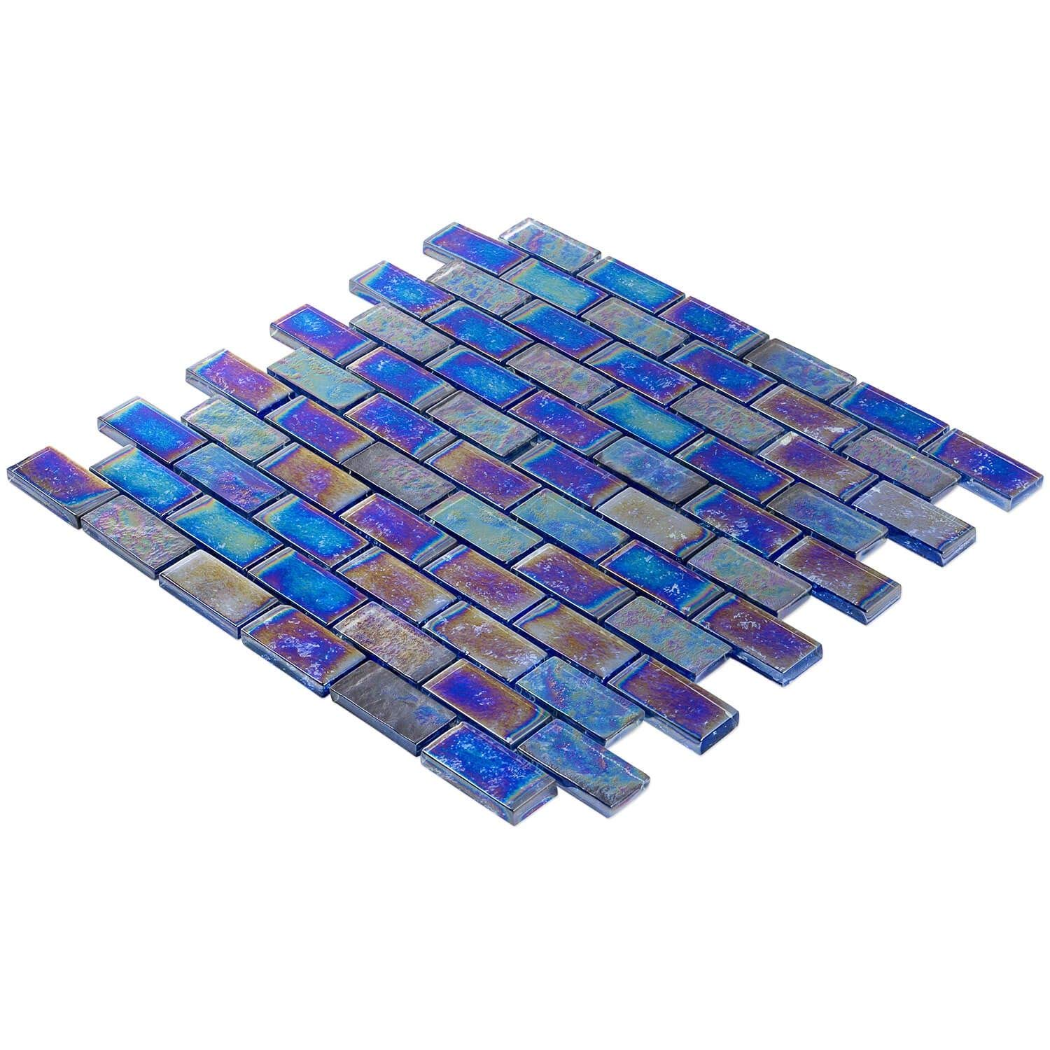 Marina Iridescent Bricks Indigo 12 in. x 12 in. Glass Mosaic Tile (0.96 Sq. Ft.)