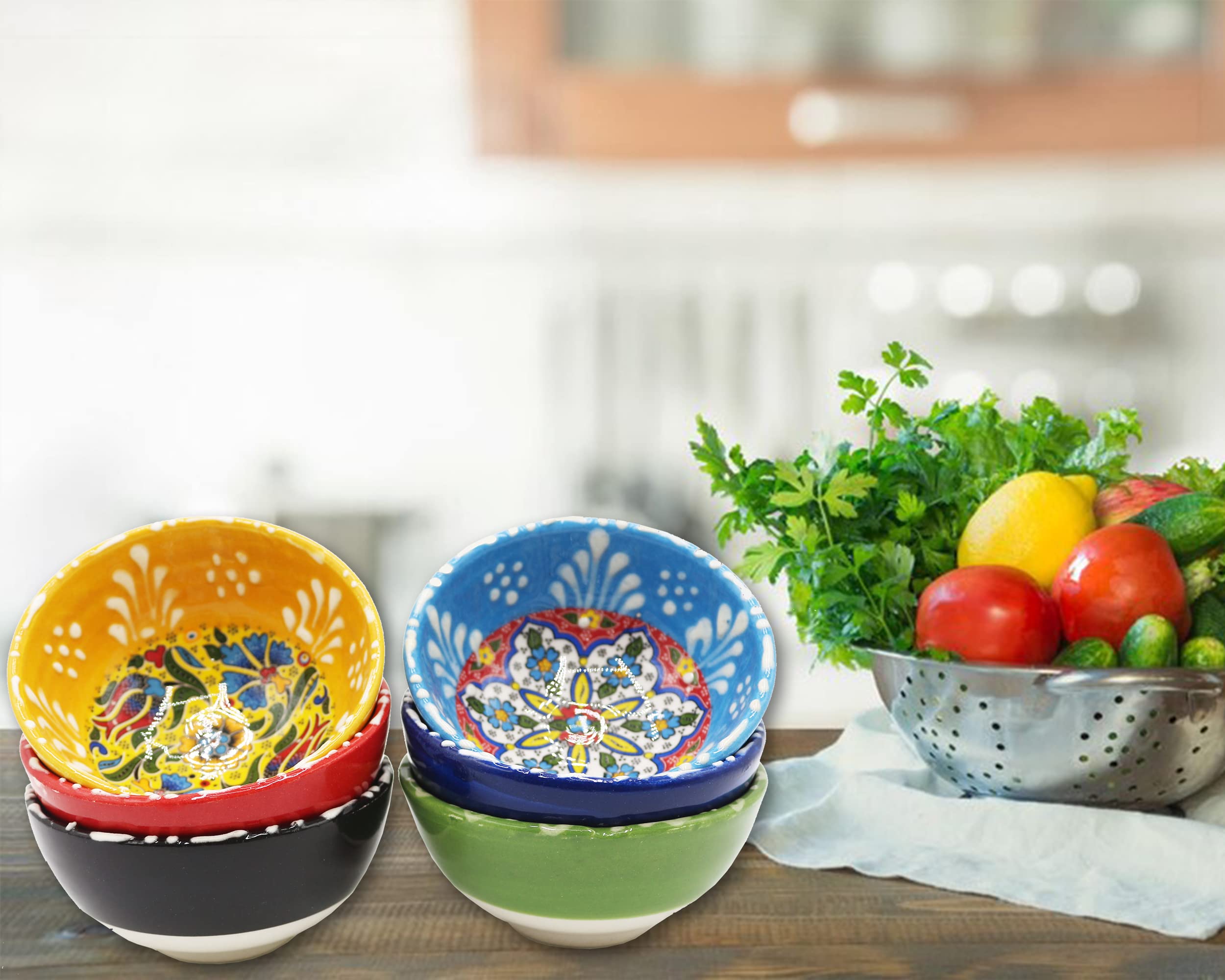 Silver Craft 6 Pcs Hand Painted Decorative Serving Turkish Ceramic Tiny Bowls - Handmade Ceramic Bowl Set of (3.3''inc/8.5cm) 2.5 Oz Pinch Multicolor Small - Best Gift Set