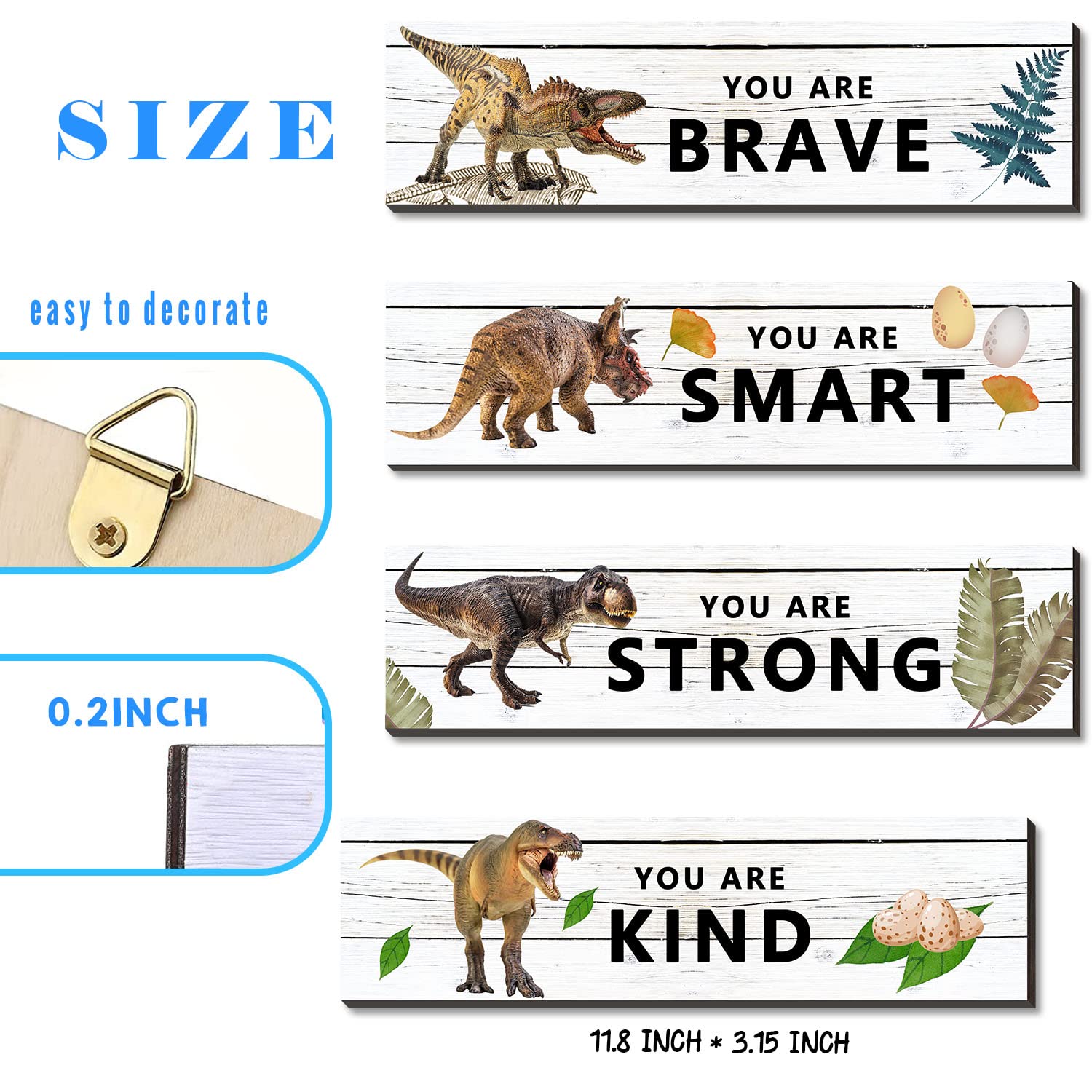 UBLURO 4 Pieces Dinosaur Motivational Wall Art Decors - Dinosaur Wooden Hanging Wall Prints Plaques, Dinosaur Room Decor for for Kids Boys Nursery Bedroom Decorations