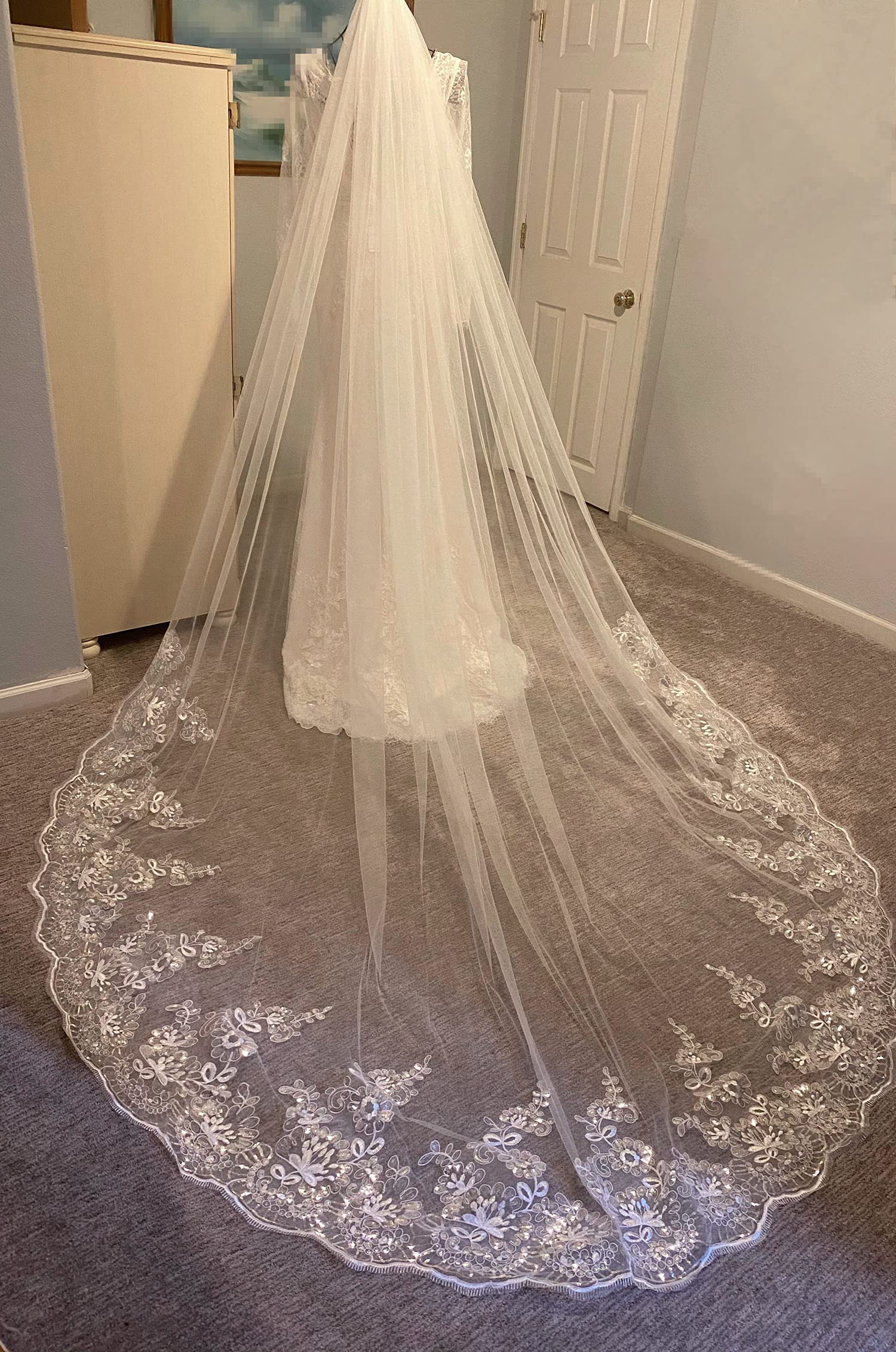 U-Hotmi Wedding Veil Cathedral Bridal Veil for Women Lace Sequins 1 Tier Long Wedding Bridal Veil, White