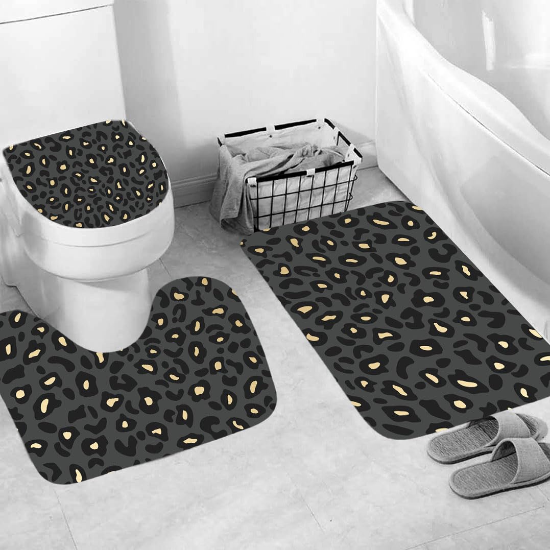 Mightree Bathroom Shower Curtains 4 PCS Sets, Waterproof Fabric Bathroom Curtain with 12 Hooks, Toilet Lid Cover and Bath Mat, Non-Slip Rug Foot Mat, Shower Curtain and Rug Set, Black, Large