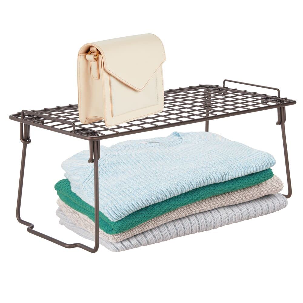 mDesign Versatile Metal Wire Stackable Closet Storage Organizer Shelf for Storage and Organization in Bedroom, Bathroom, Closets, Kitchen and Office Shelves - Easy Install - Bronze