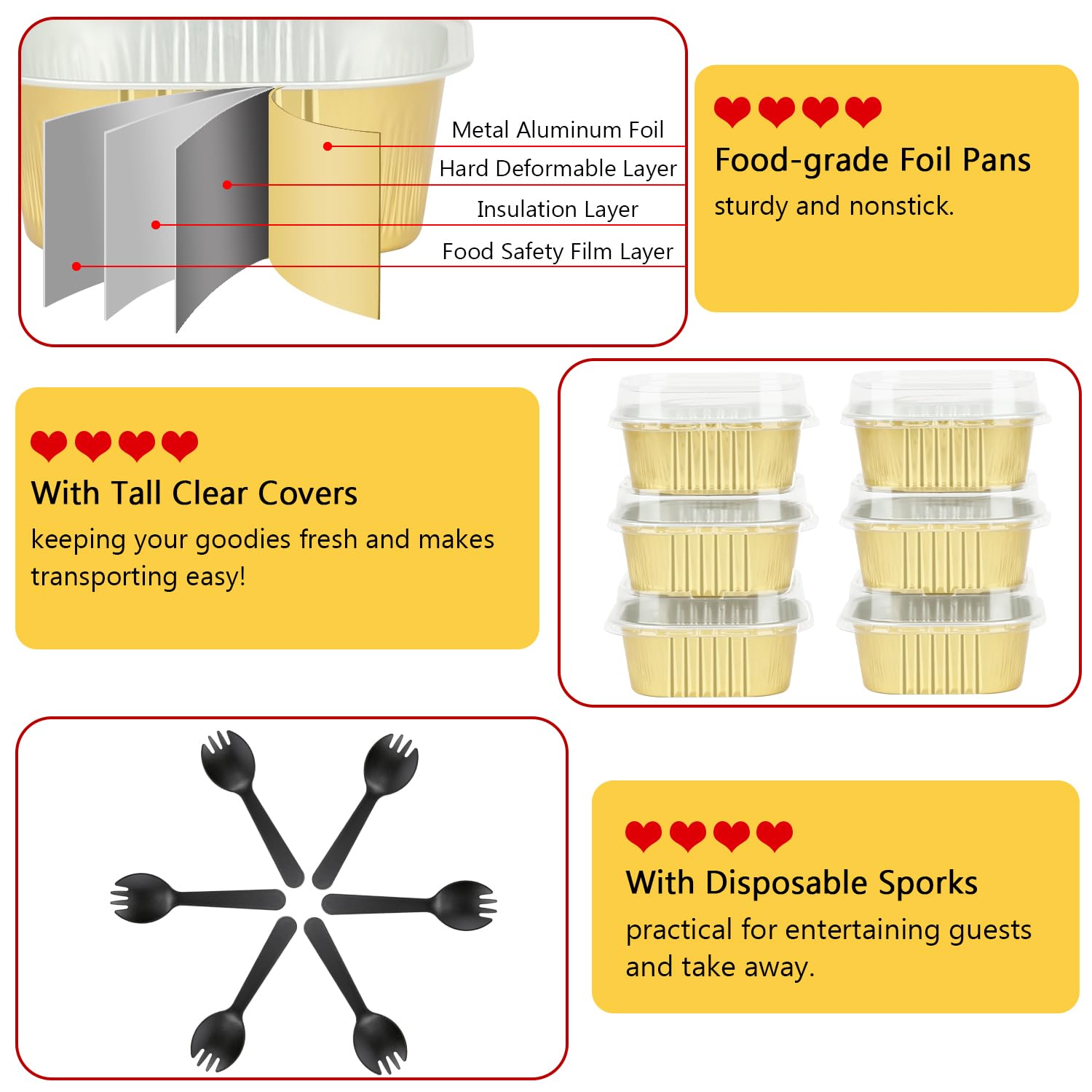 LNYZQUS Large Cupcake Liners Aluminum Pans With Lids 40 Pack, Square 10oz Small Cake Muffin Tin,Disposable Ramekins Baking Pan Containers For Brownie Mini Cake Bread Dessert-Gold