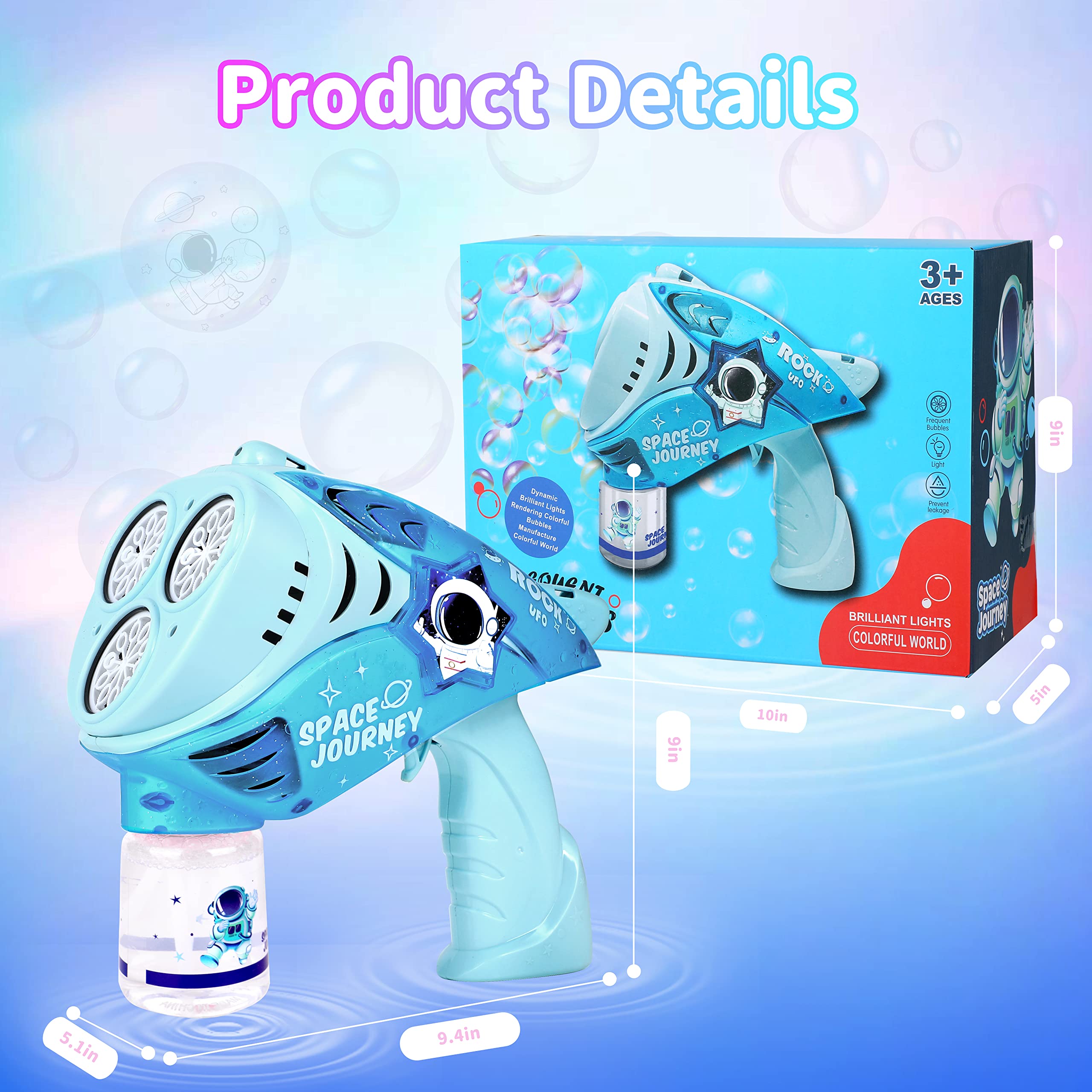 Rotokas Space Bubble Gun Automatic Bubble Machine - 10000+ Bubbles in 1 Minute - Durable Bubble Maker with LED Lights - 360-Degree Leak-Proof - Rechargeable Bubble Blower Sets for Kid and Adult - Blue
