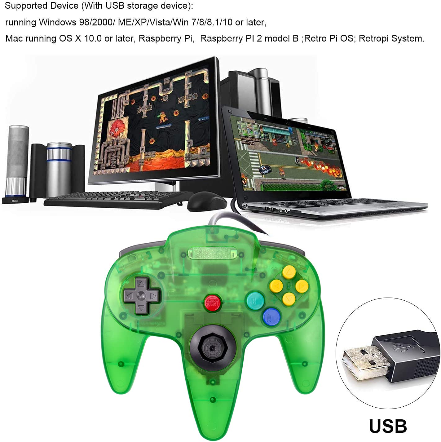 N64 Controller USB, King Smart Classic Wired N64 Controllers with Upgraded Joystick for Original Nintendo 64 Console(Transparent Green+Transparent Red)