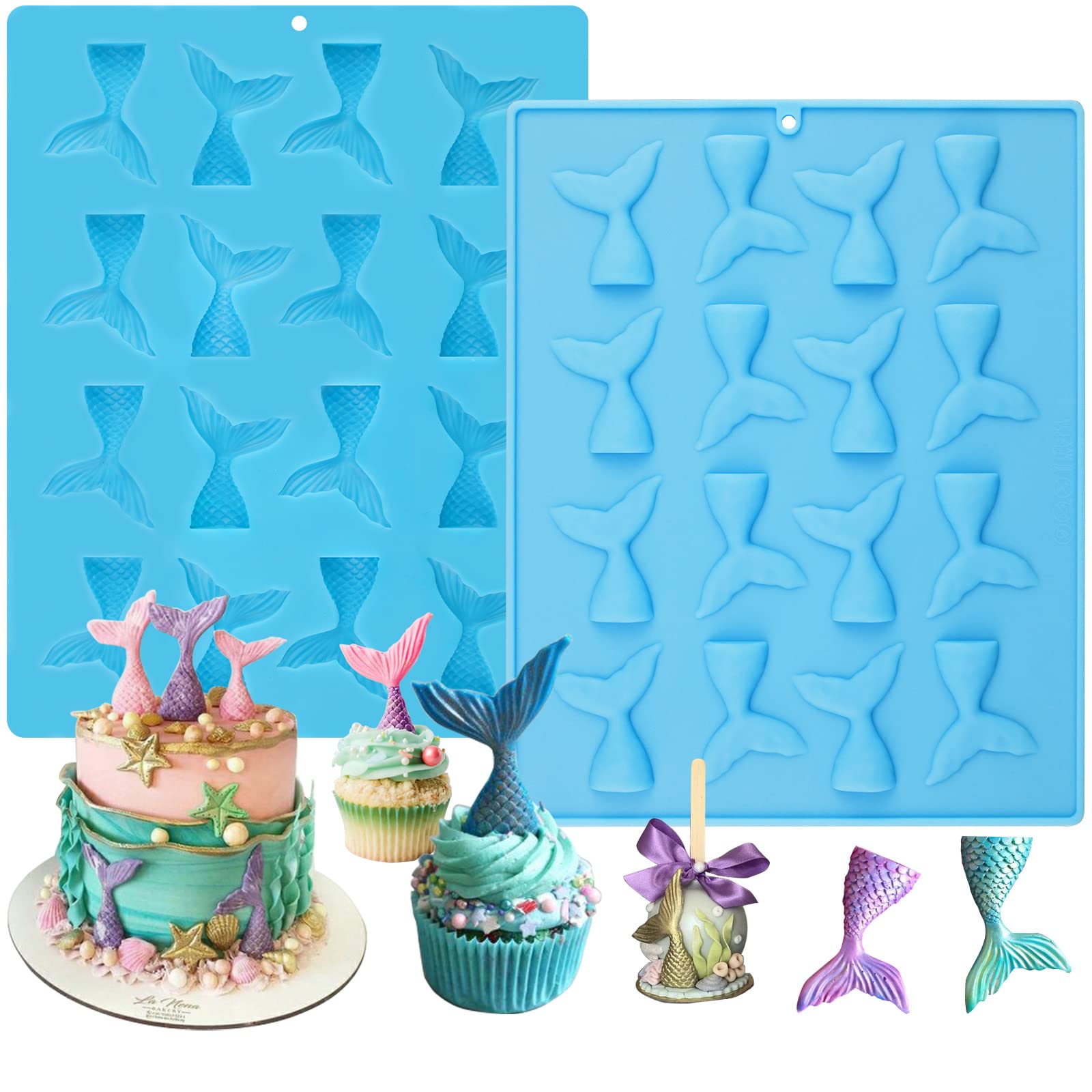 SAKOLLA Mermaid Tail Molds, Mermaid Molds for Chocolate, Cake Decoration Candy Cupcakes Resin Gummies, Set of 2