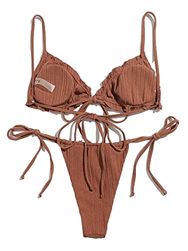 Lilosy Petite Sexy Ribbed Ruffle G String Tie Triangle Thong Bikini Swimsuit Set Women High Cut Cheeky Brazilian Bottom Bathing Suit 2 Two Piece Coffee Brown X-Small
