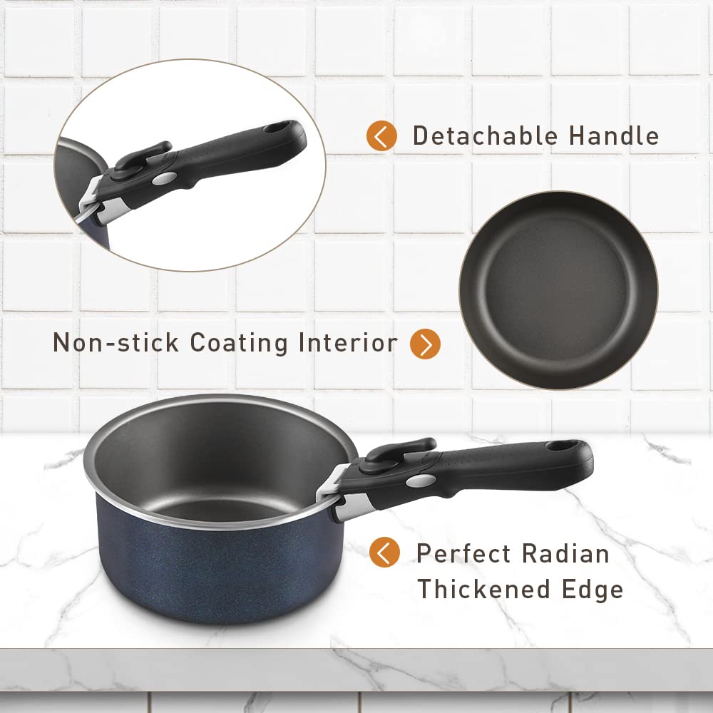 SHINEURI 4 Pieces Removable Handle Cookware Stackable Pots And Pans Set, Nonstick Pot and Pan Set for Home & Camping, Dishwasher/Oven Safe - 2qt /8inch /9.5inch