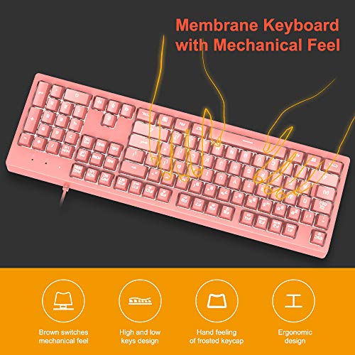 NACODEX DKS100 Wired Membrane Keyboard 104 Keys with Mechanical Feel - White Backlight Computer Keyboard - 19 Anti-Ghosting Keys Floating Keyboard (Pink)