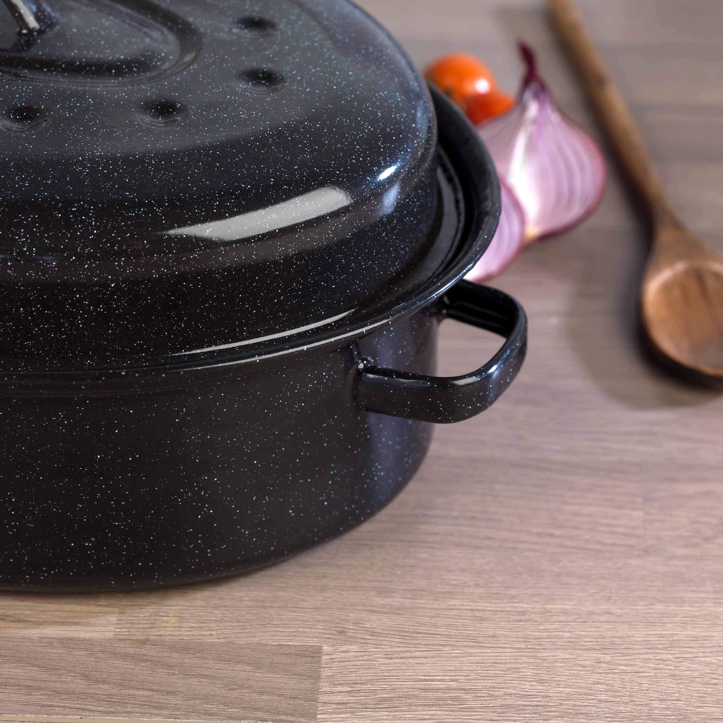 Russell Hobbs® CW11491 Vitreous Enamel Romano Self Basting Roaster with Lid | Dishwasher Safe | Oven Safe | Long Lasting | 36 cm | Black