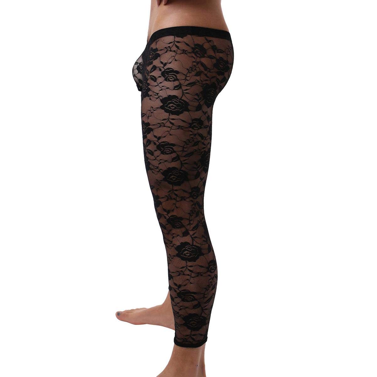 Men's Sissy Floral Lace Sheer Mesh Long Pants Leggings Low Rise Semi See Through Transparent Long Johns Tights Black Small