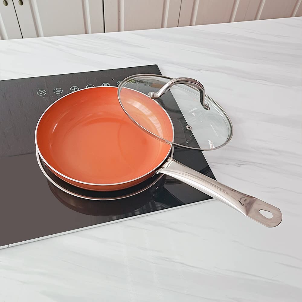 SHINEURI 9.5 inch Copper Fry Pan with Lid, Nonstick Omelet Pans - Perfect for Stir fry, Sauce & Baking, Compatible for Induction, Gas, Electric & Stovetops, Perfect for 2-3 Person Meal