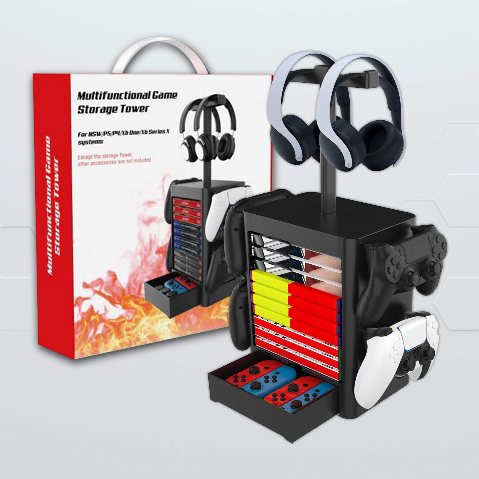 NexiGo Headset and Game Organizer (up to 10 Games) for PS5 PS4 PlayStation/Xbox Series S & X/Switch Accessories, Headphones, Game Discs, Joy Cons, DualSense, Controllers, Black