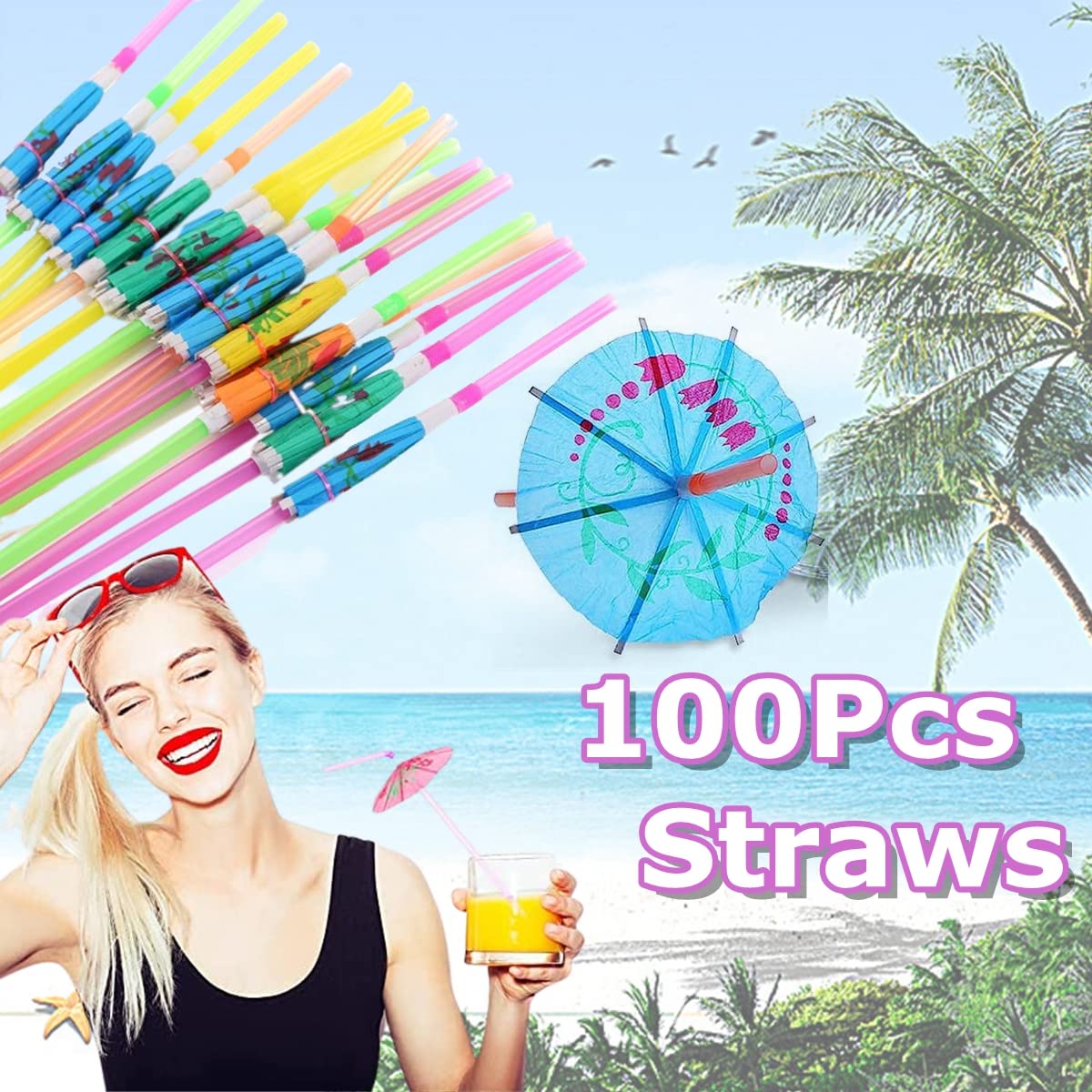 QUMENEY 100PCS Umbrella Drinking Straws, Plastic Party Drink Straws, Tropical Hawaiian Flexible Bendy Cocktail Straws Beach Luau Bar Birthday Decorations Supplies for Drinkware