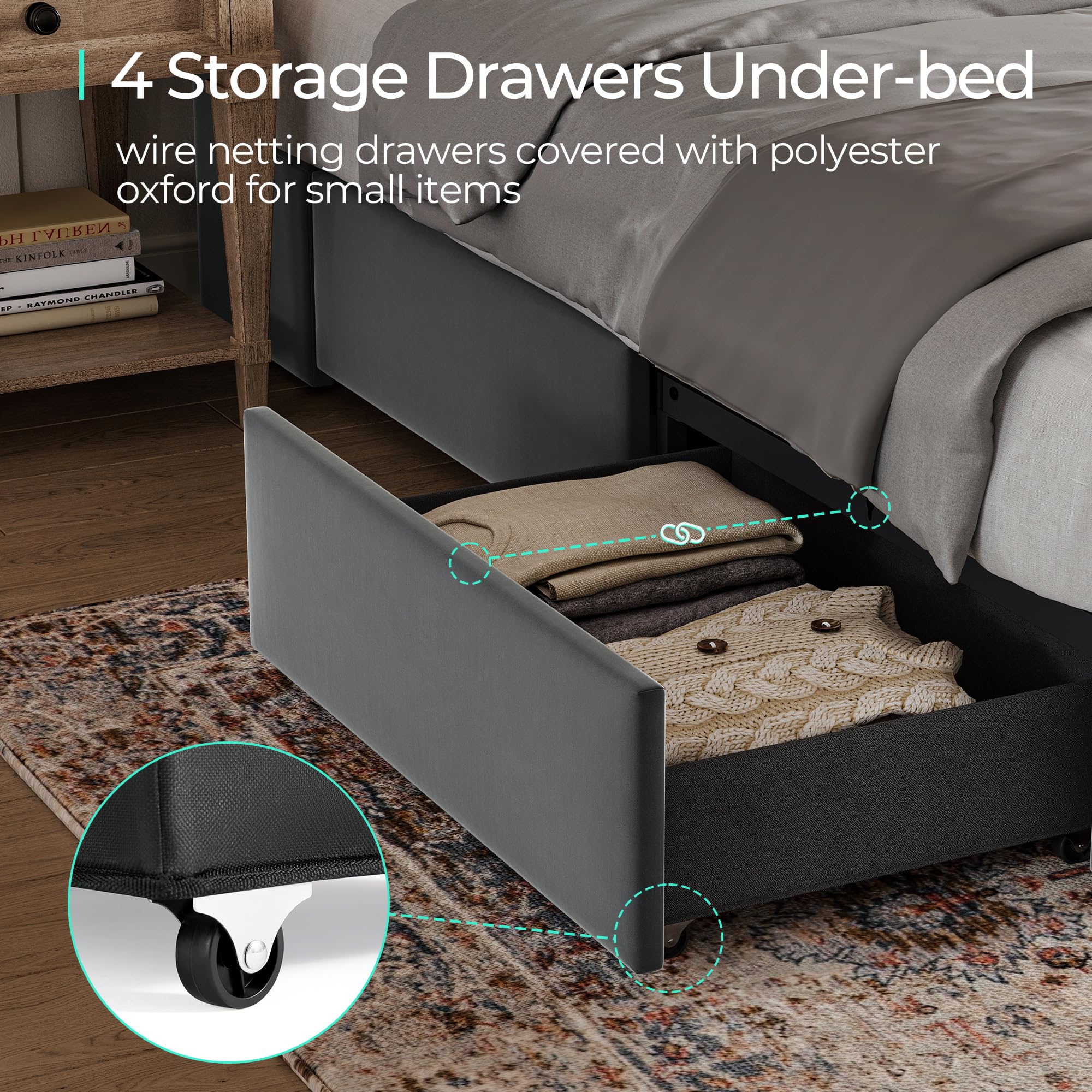 LINSY Upholstered Queen Bed Frame with 4 Drawers, RGB Lights, Fast Charger and Headboard - No Box Spring Needed, Dark Grey