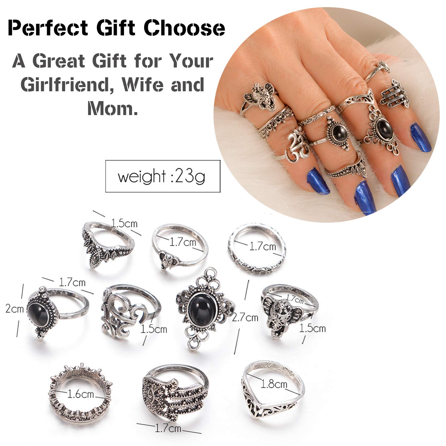 LOLIAS 84 Pcs Vintage Knuckle Ring Set for Women Stackable Rings Set Hollow Carved Flowers (D:84 Pcs a Set)