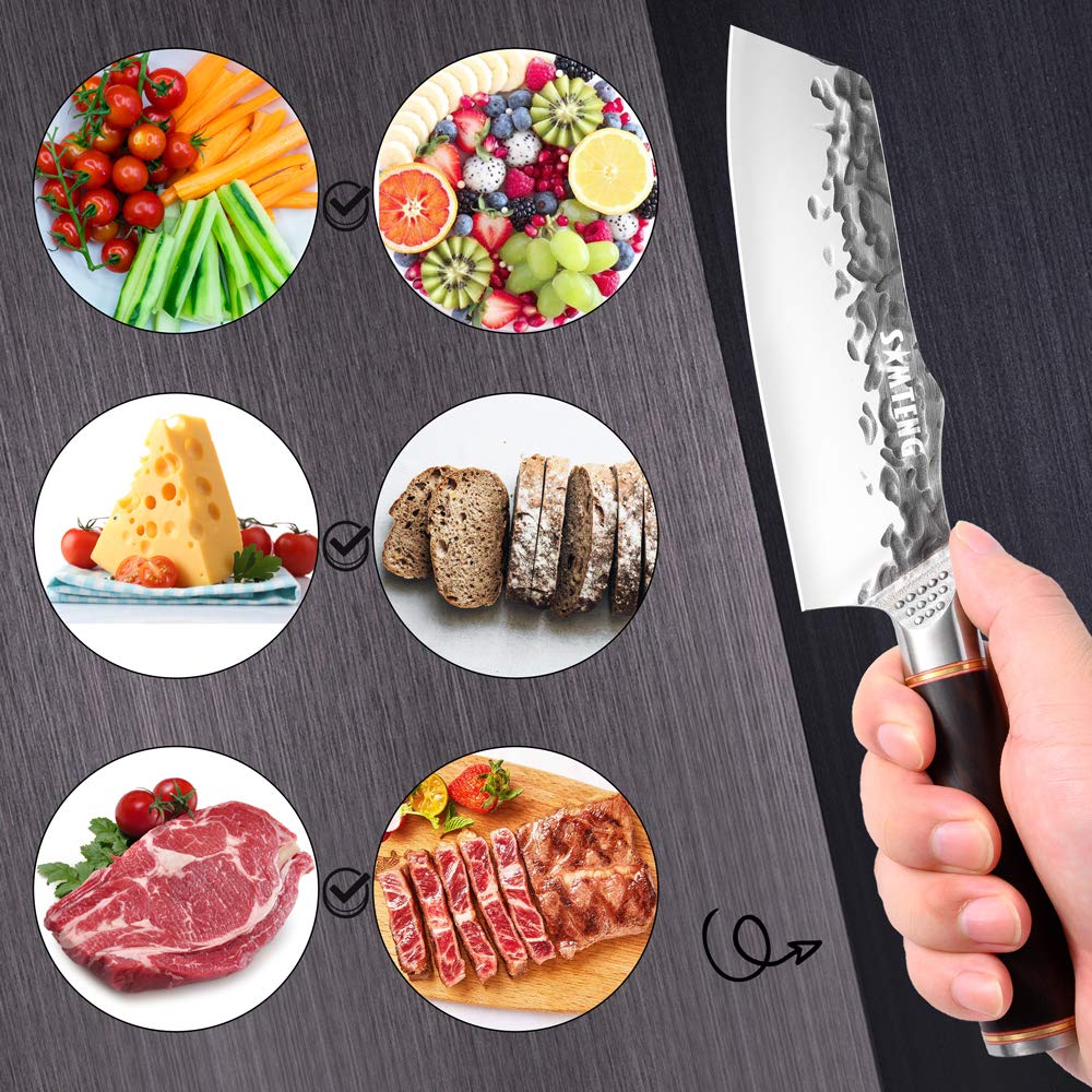 SMTENG Nakiri Knife 7 Inch Professional Chef Knife 3 layer 9CR18MOV clad steel hammered with Ergonomic Pakkwood handle kitchen knife for cooking