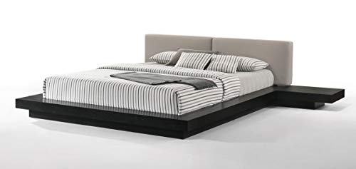 Limari Home Albina Collection Modern Style Bedroom Wenge Veneer Finished Leatherette Upholstered Platform Low Profile Bed, Queen, Black, Gray