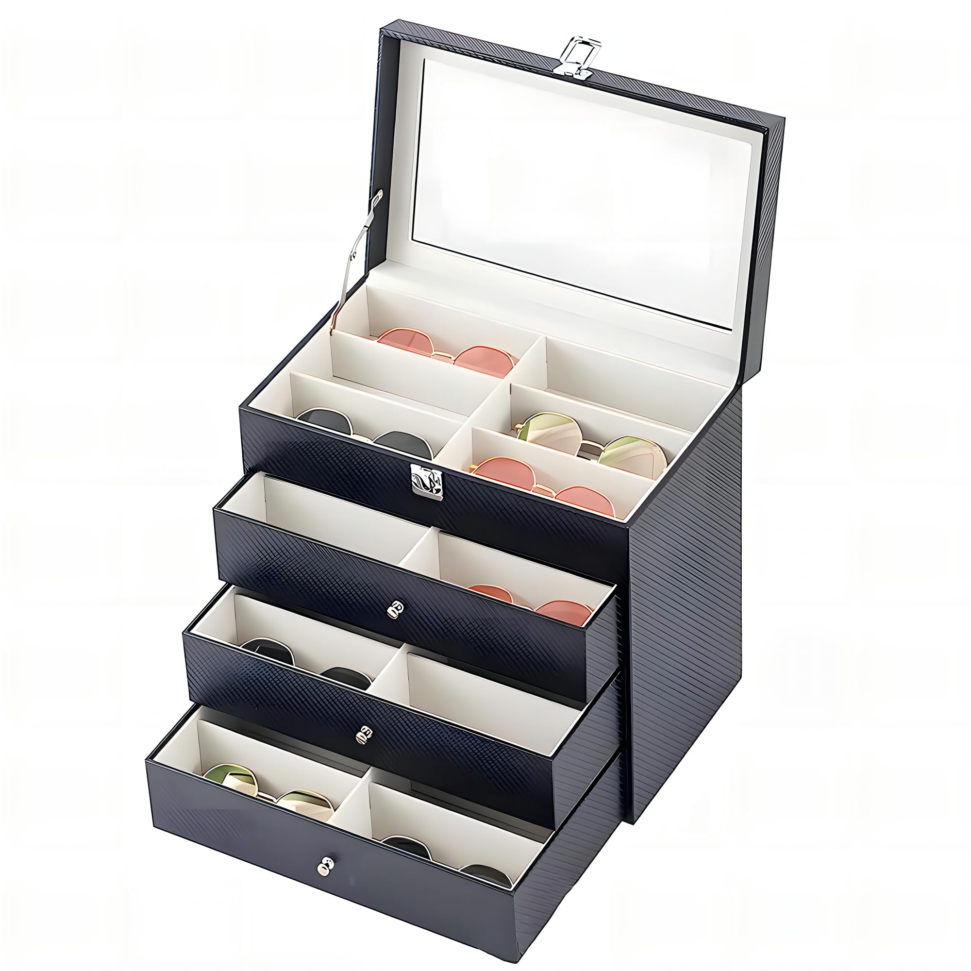 RUTILY 4 Layers Sunglasses Organizer Case 24 Slots Eyeglasses Display Storage Organizer Box Leather Sunglasses Holder Case for Eyeglasses Collector,Eyeglasses Display Case with Metal Lock