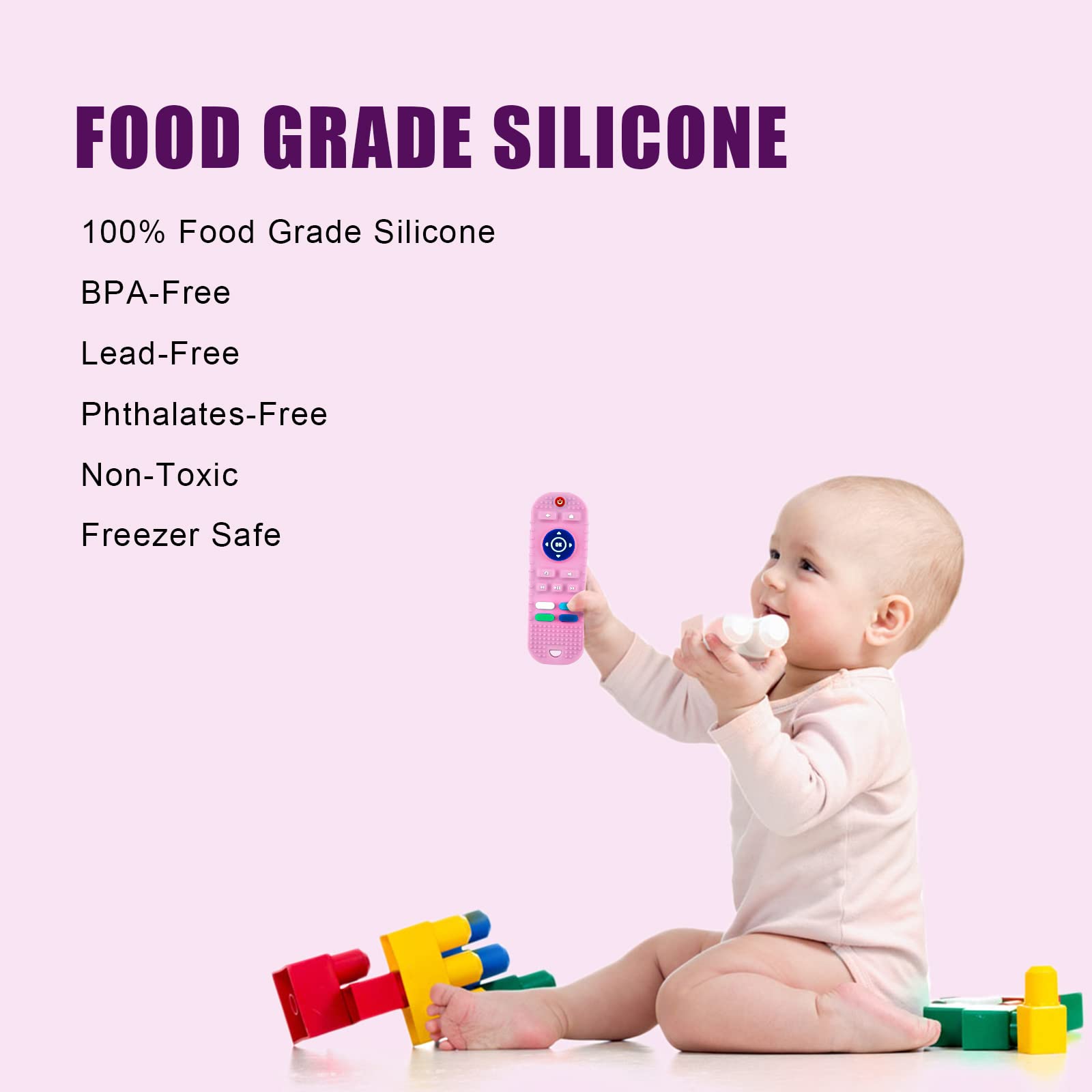 Silicone Baby Teething Toy Remote Control Shaped Baby Teether with a Cute Pacifier Clip Chain Soft Baby Chew Toys Early Sensory Education Molar Toy for Babies 3-18 Months (Pink)