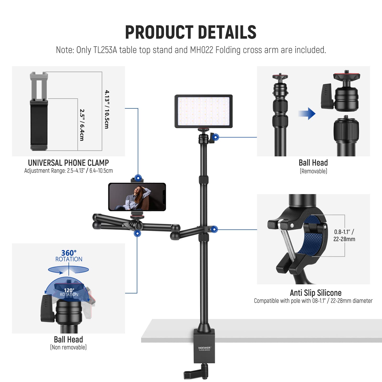 NEEWER Upgraded Tabletop Camera Mount Stand with 3 Section Flexible Arm, Overhead Height Adjustable Stand Mount with Phone Holder, Ball Head for DSLR Camera, Phone, LED Light, Webcam, TL253A+MH022