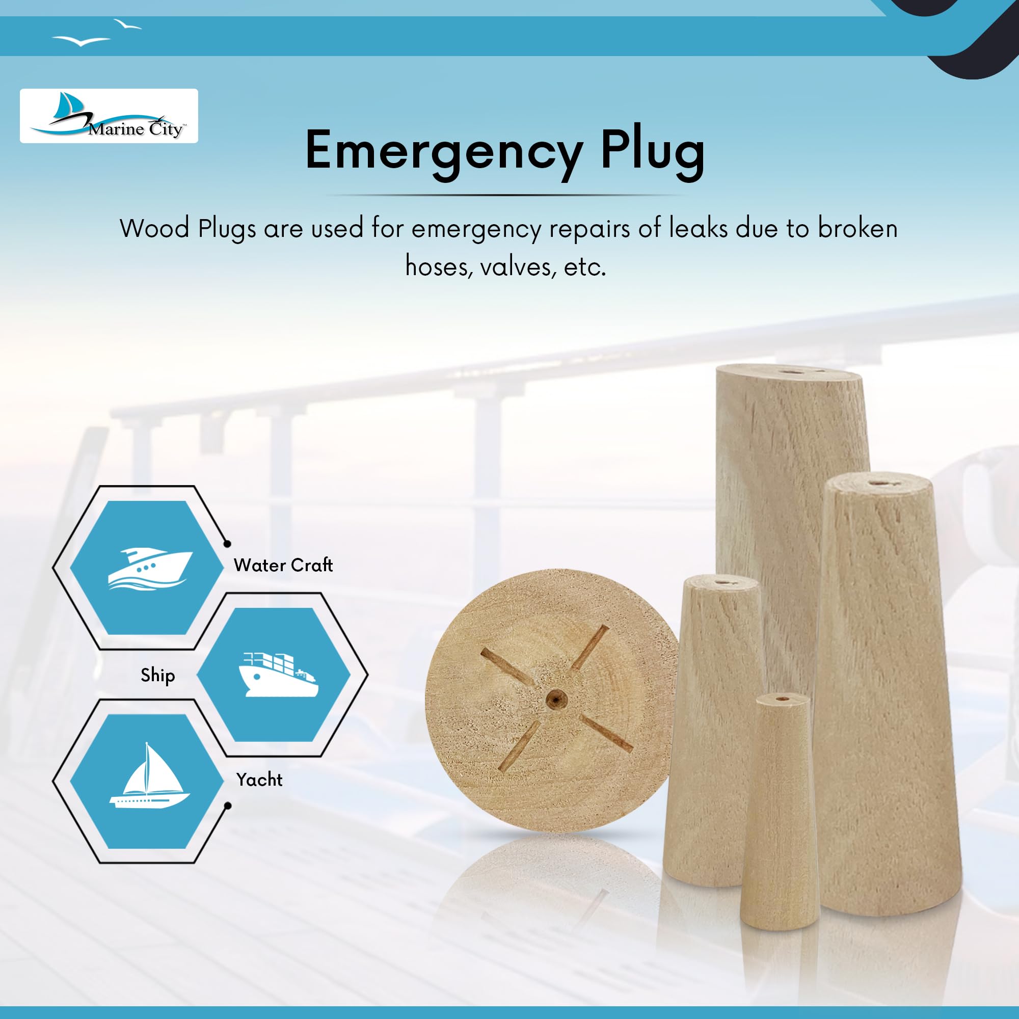 MARINE CITY Boat Emergency Durable Tapered Soft Conical Thru-Hull Wood Simple Design 7 Different Sizes Plugs Kit Drain Stopper Easy Use for Boats – Yachts – Marines – Ships (Pack of 10)