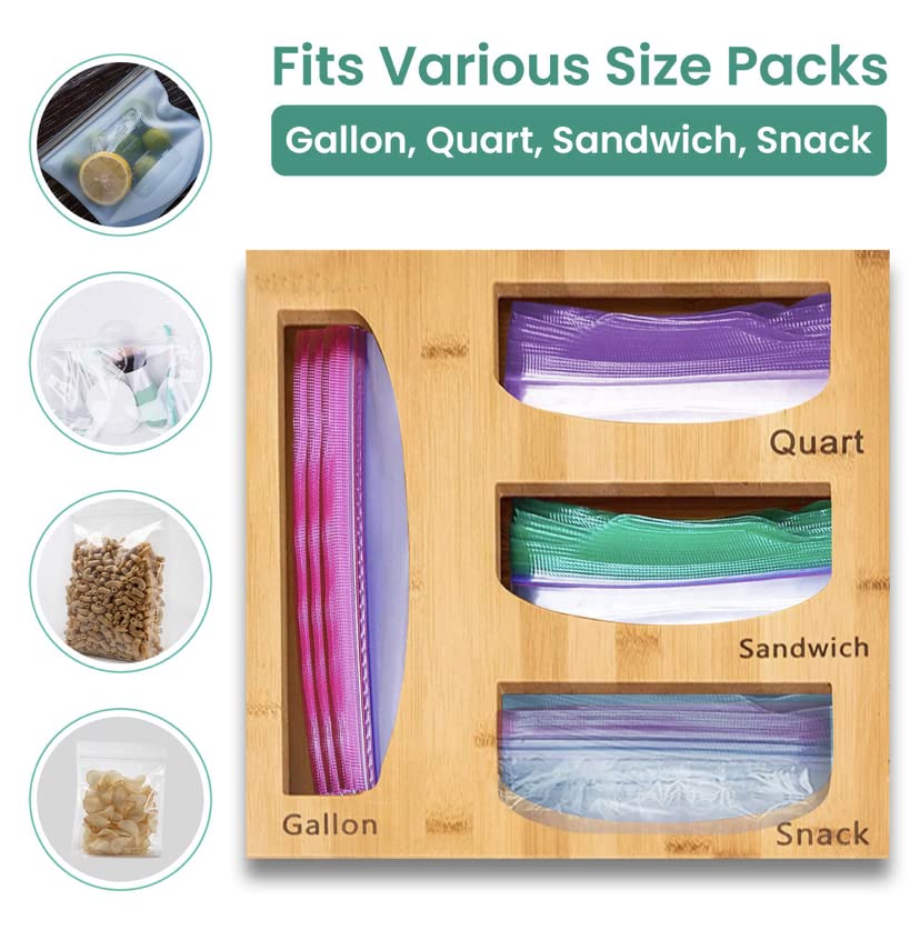 Premium Bamboo Plastic Bag Storage Organizer and Baggie Dispenser ┃ Gallon, Quart, Sandwich, Snack Sizes ┃ Food Bags Holders in Kitchen Drawers, Pantry, or Wall Mount | by ZIRGLIO (4 Slots)