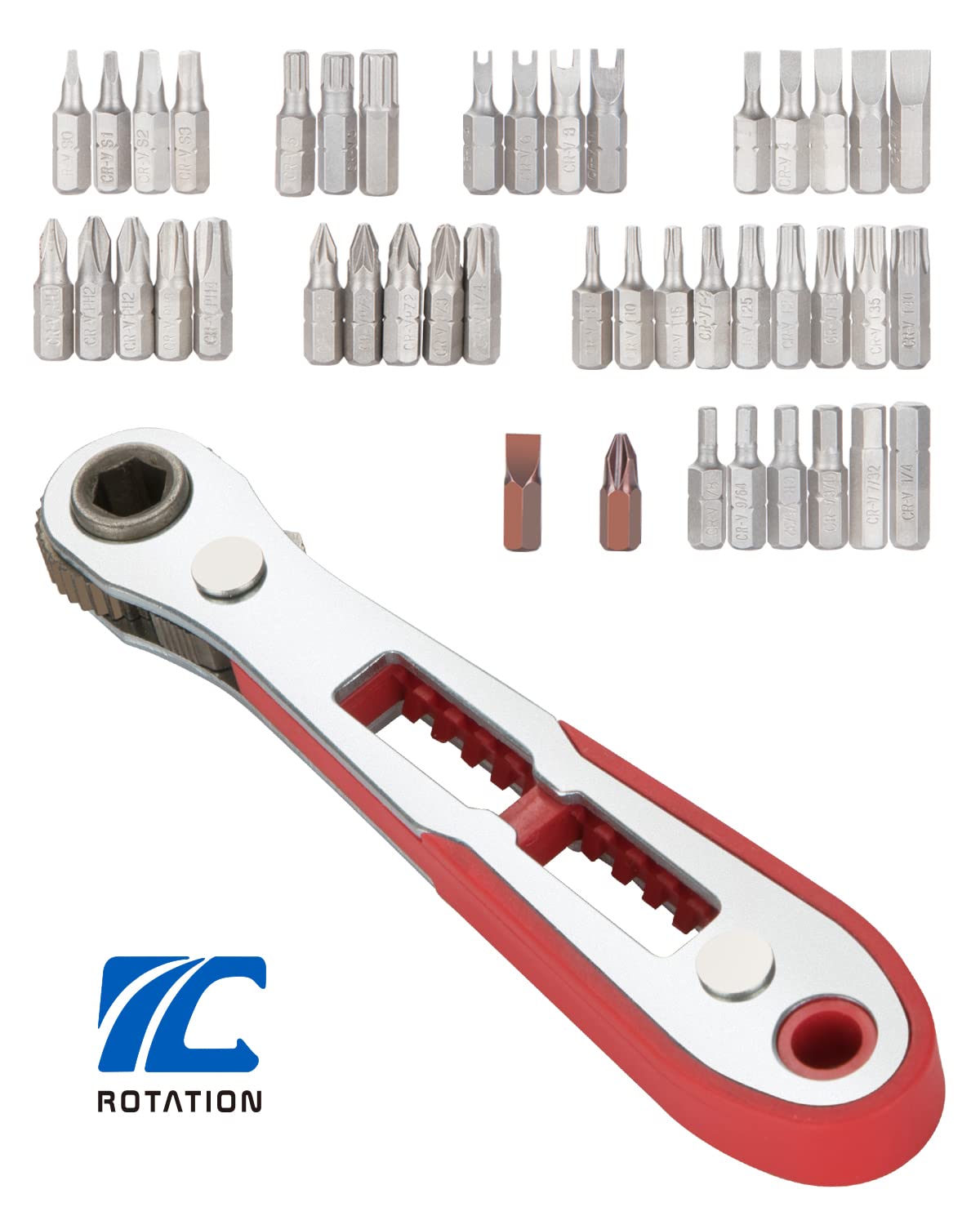 ROTATION 44pc Bit Set with 1/4 Mini Ratchet Offset Screwdriver, Portable Case, CR-V Steel, Drive Handle & Multi Hex/Phillips/Slotted/Torx/Star Bit